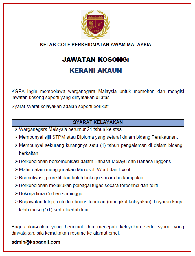 Job Vacancy – Kelab Golf Perkhidmatan Awam Malaysia (KGPA)